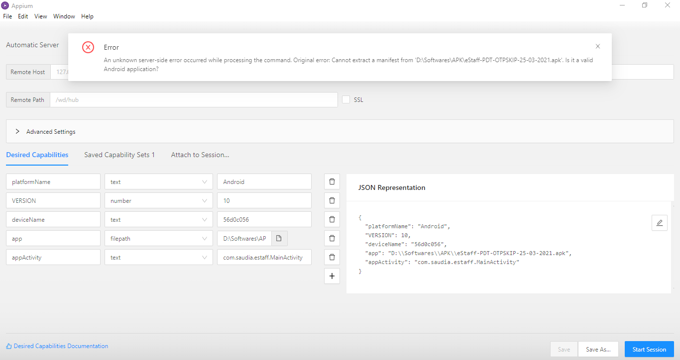 While launching app via appium desktop version it throws "Cannot ...