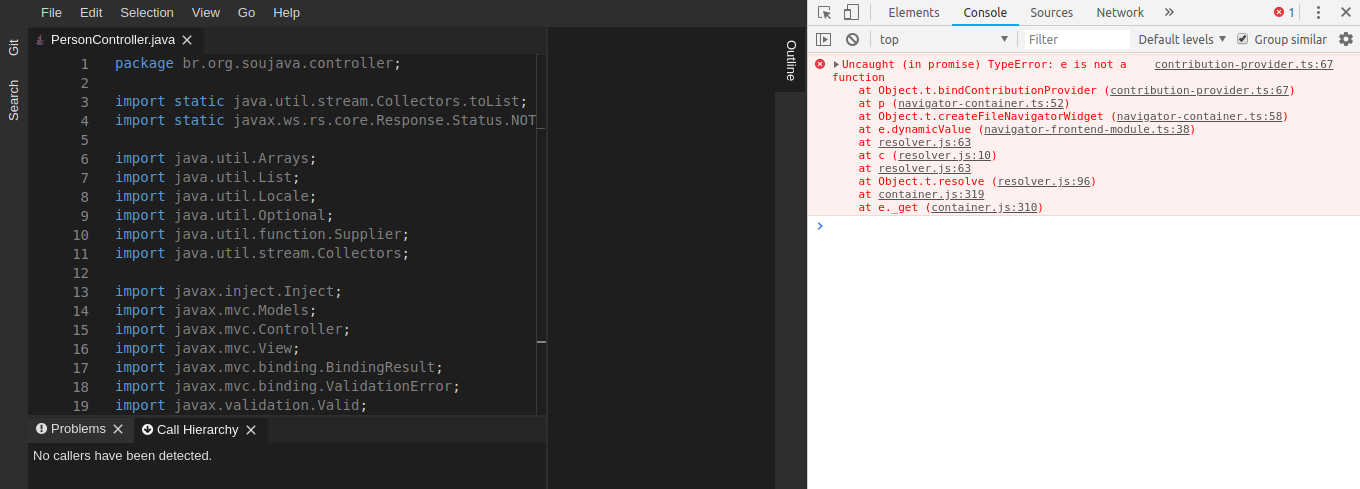 Theia Docker Does Not Display Extensions Does Not Recognize Java Class