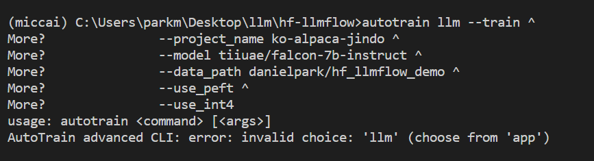 AutoTrain advanced CLI: error: invalid choice: 'llm' (choose from 'app') · Issue #146 ...
