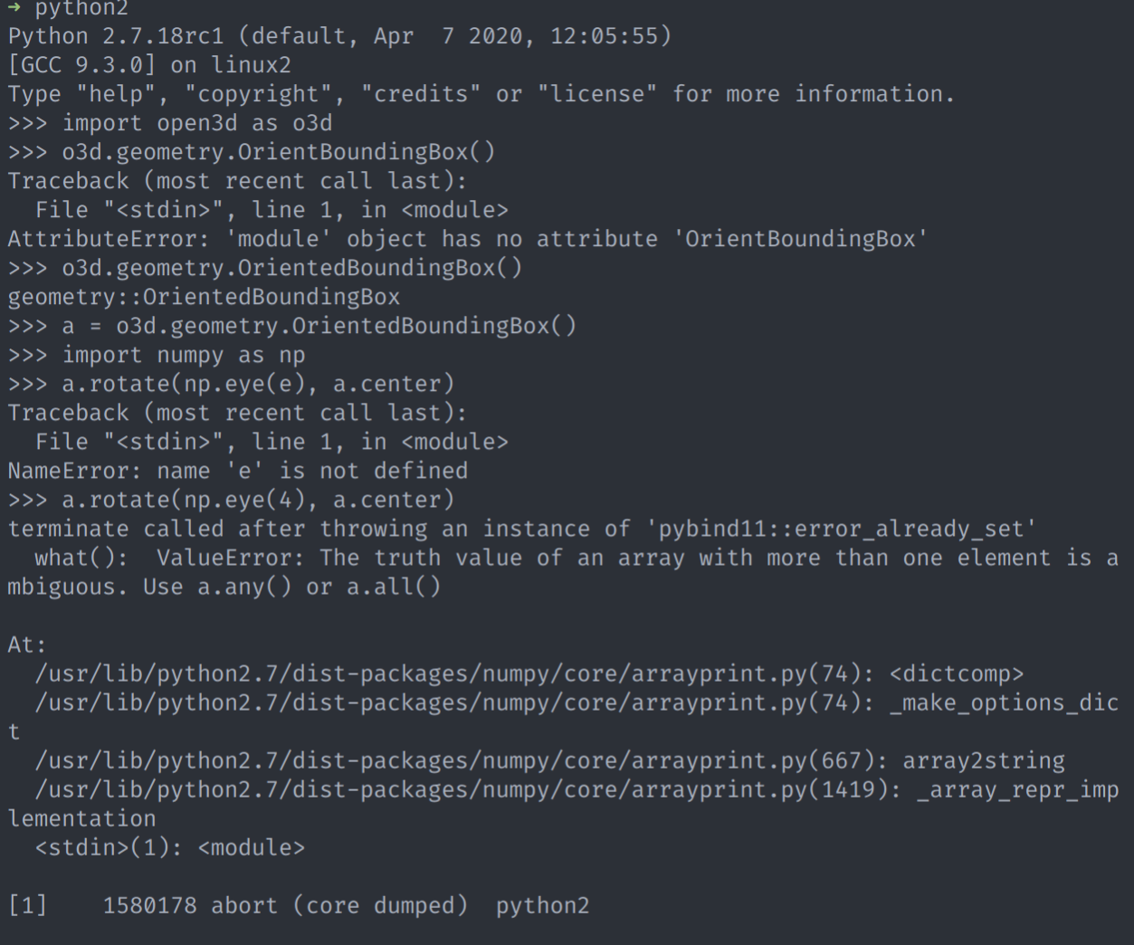 Python2 crash on rotate on OrientedBoundingBox · Issue #2494 · isl-org/Open3D · GitHub