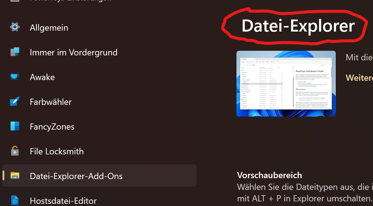 "Datei-Explorer-Add-Ons" is only shown as "Datei-Explorer" at the top ...