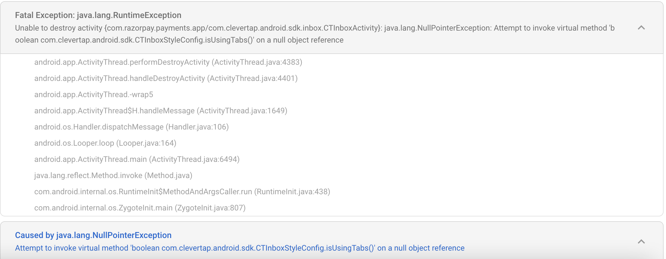 NullPointerException for isUsingTabs: com.clevertap.android.sdk.CTInboxStyleConfig.isUsingTabs ...