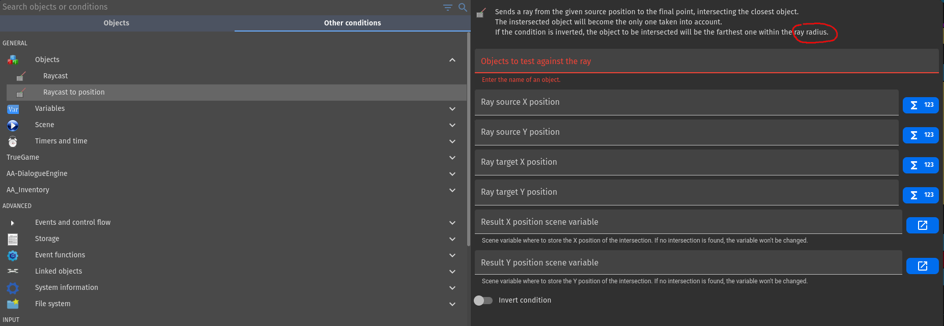 Condition "Raycast to position" missing radius parameter · Issue #4402 · 4ian/GDevelop · GitHub
