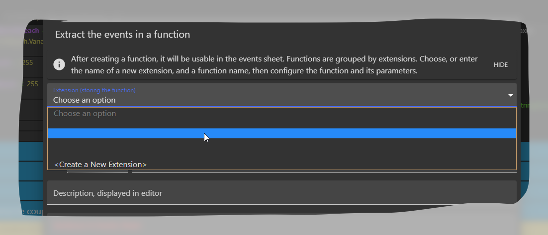 Extract the events in a function + Dark theme : unreadable extensions list · Issue #1415 · 4ian ...