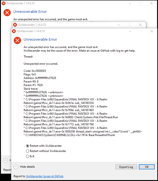 Unrecoverable Error when Exiting · Issue #600 · Soreepeong/XivAlexander · GitHub