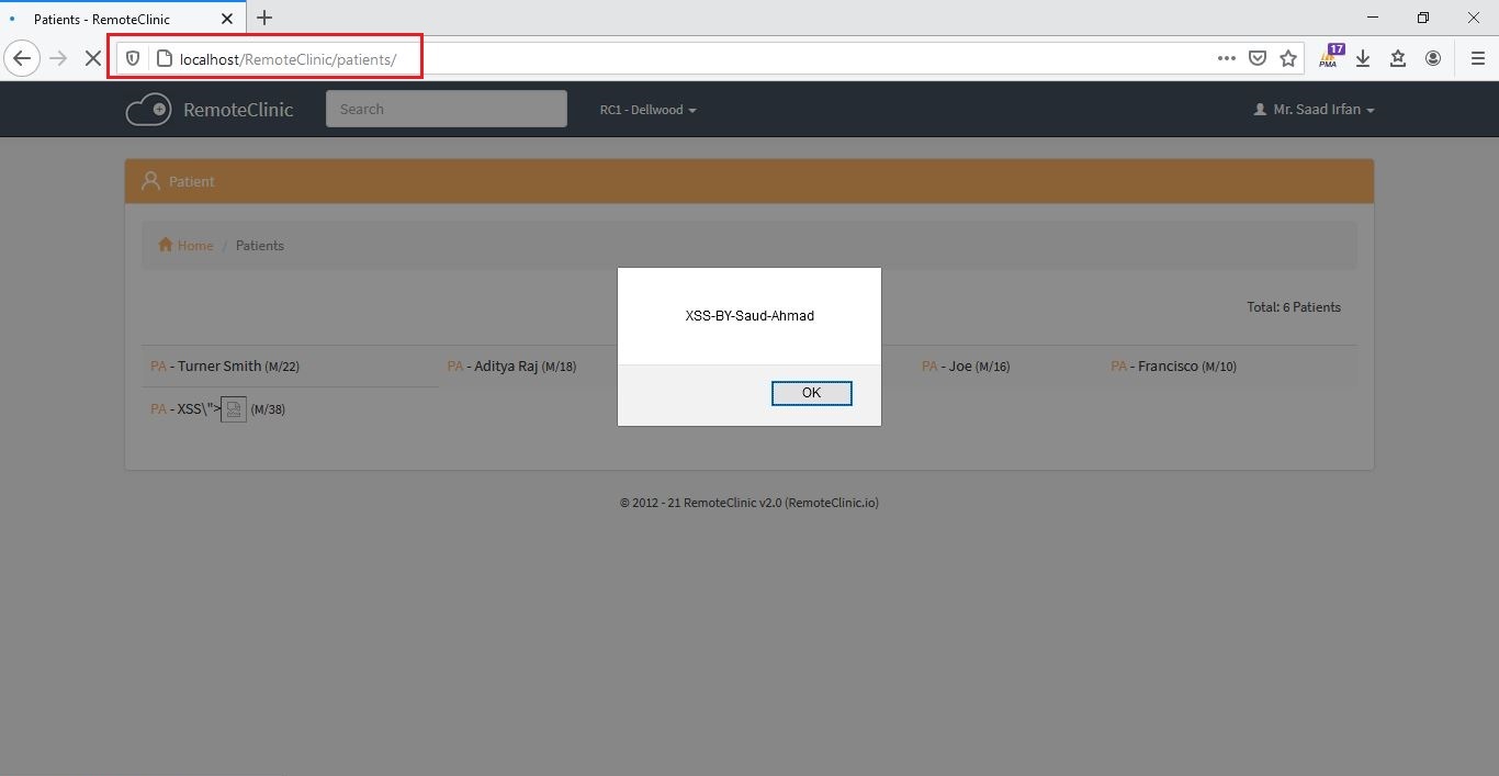 Cross Site Scripting (Stored XSS) vulnerability in /patients · Issue #1 · remoteclinic ...