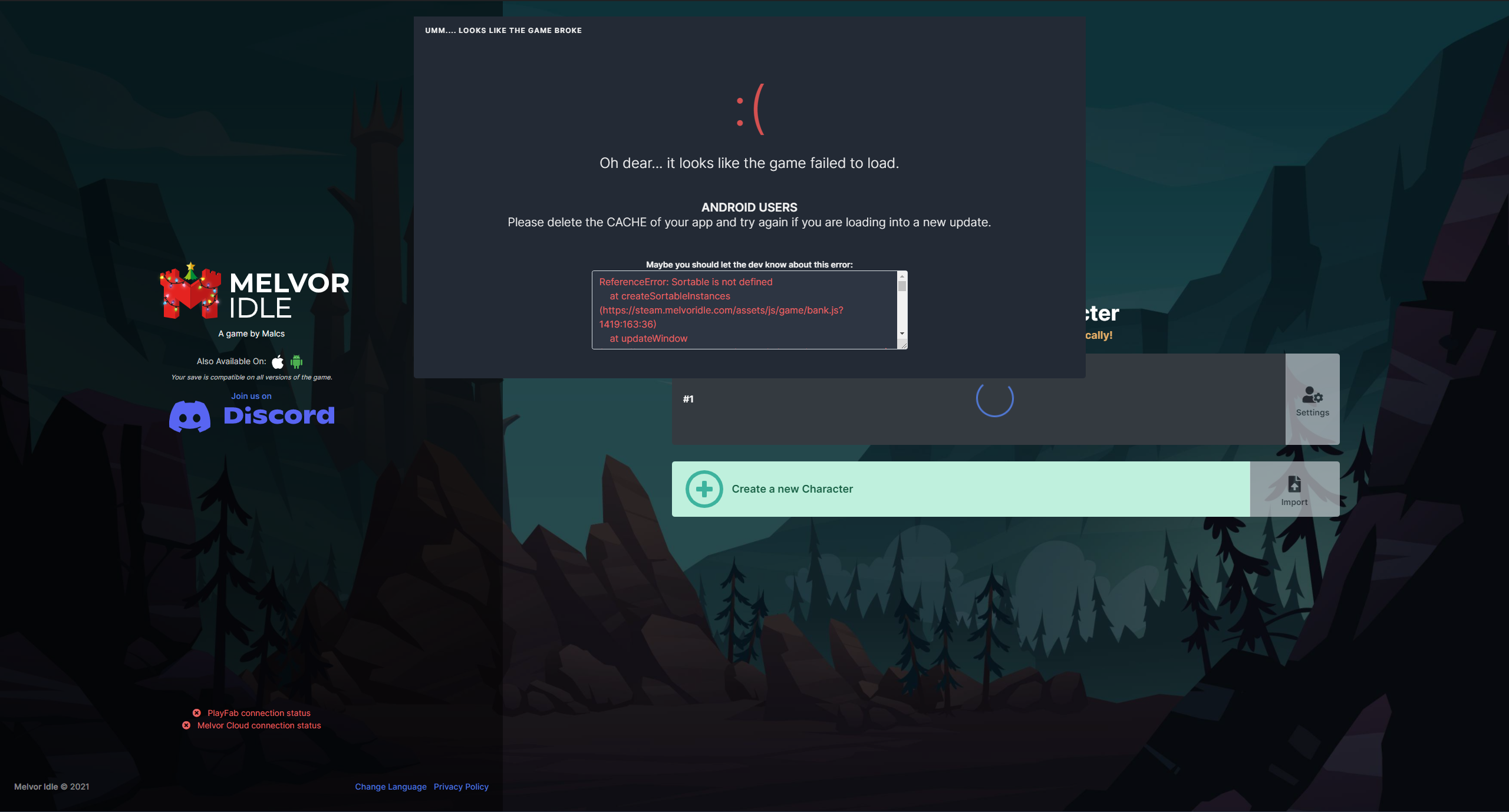 [Bug]: Error when Selecting Character · Issue #1997 · MelvorIdle/melvoridle.github.io · GitHub