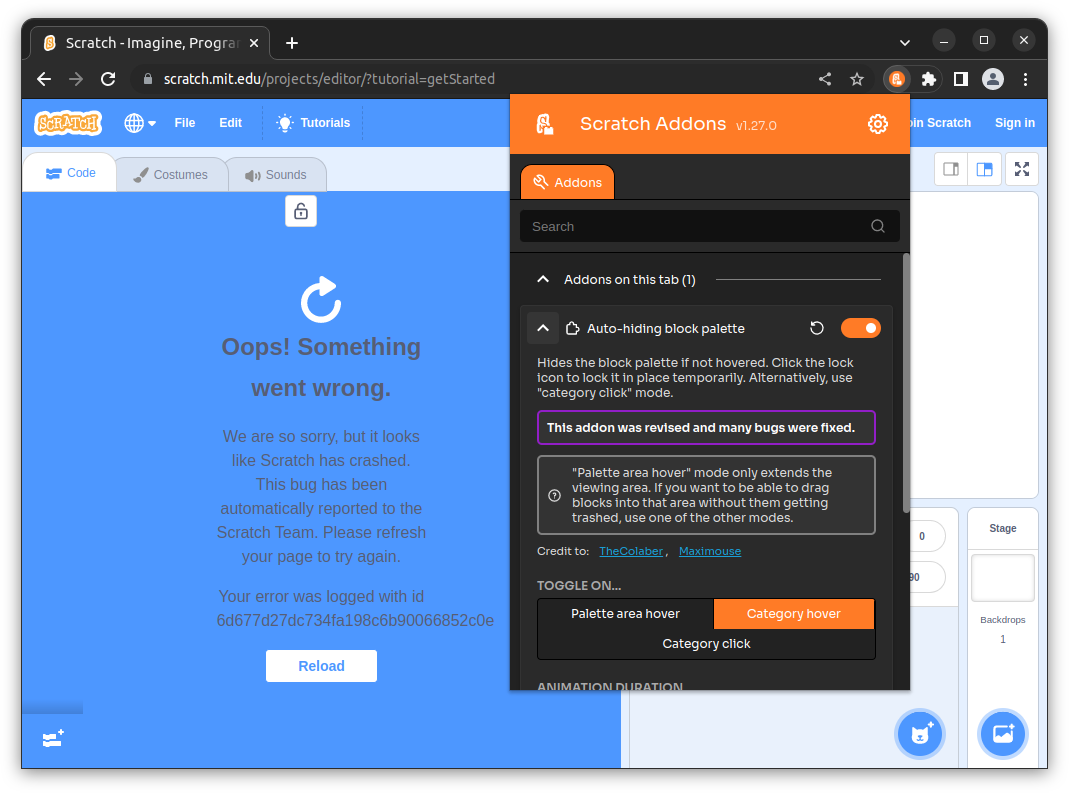 [v1.27.0 regression] Editor crashing after clicking "make a block" · Issue #4831 · ScratchAddons ...
