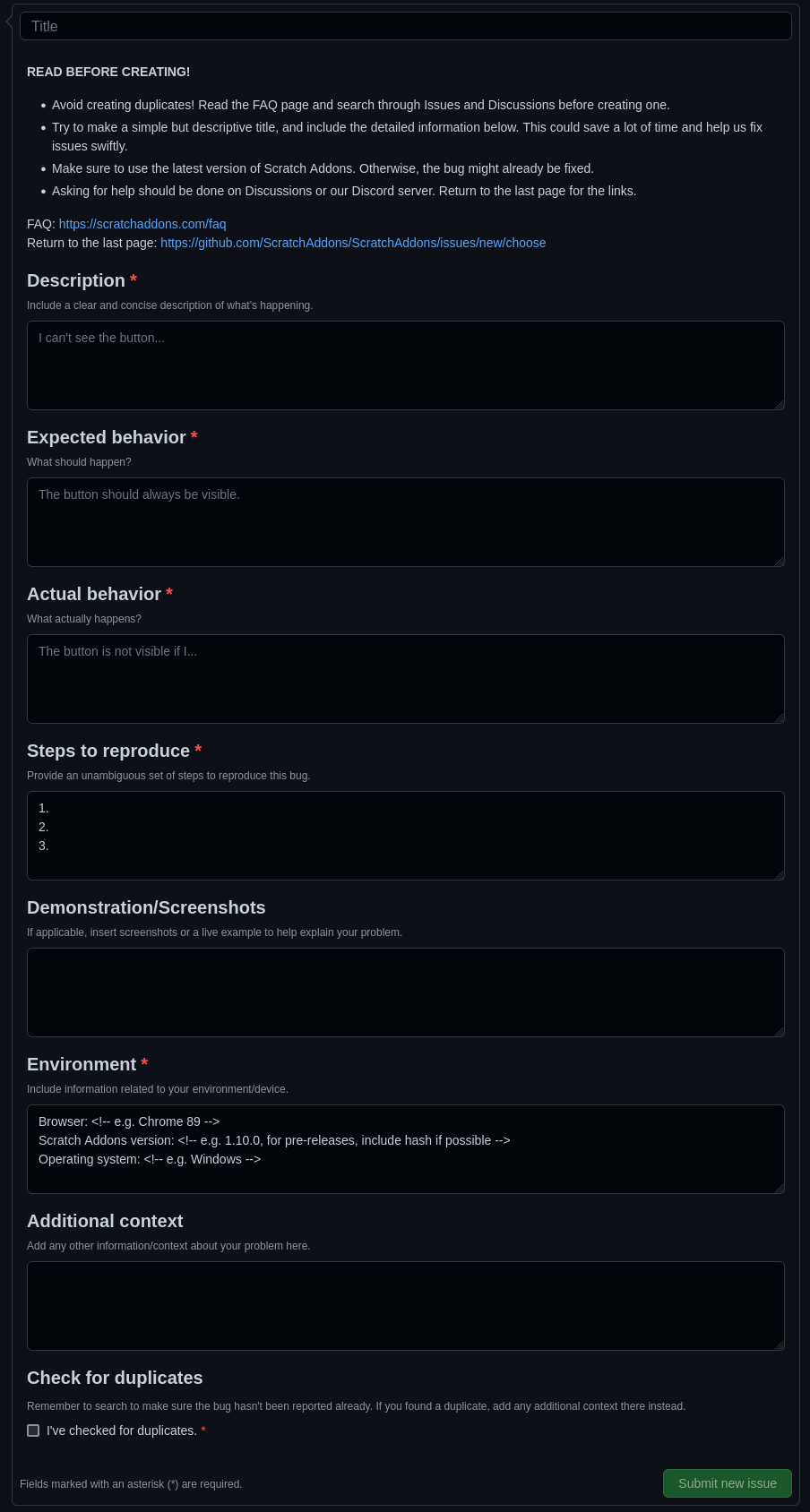 Switch to using issue forms by DNin01 · Pull Request #5034 · ScratchAddons/ScratchAddons · GitHub