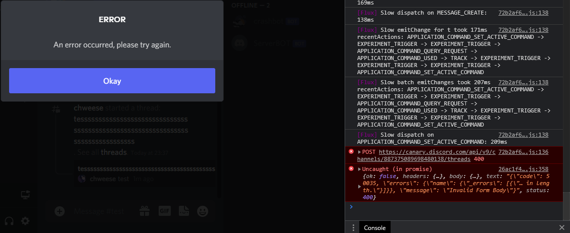 Threads slash command has no restrictions and allows sending commands that return an invalid ...