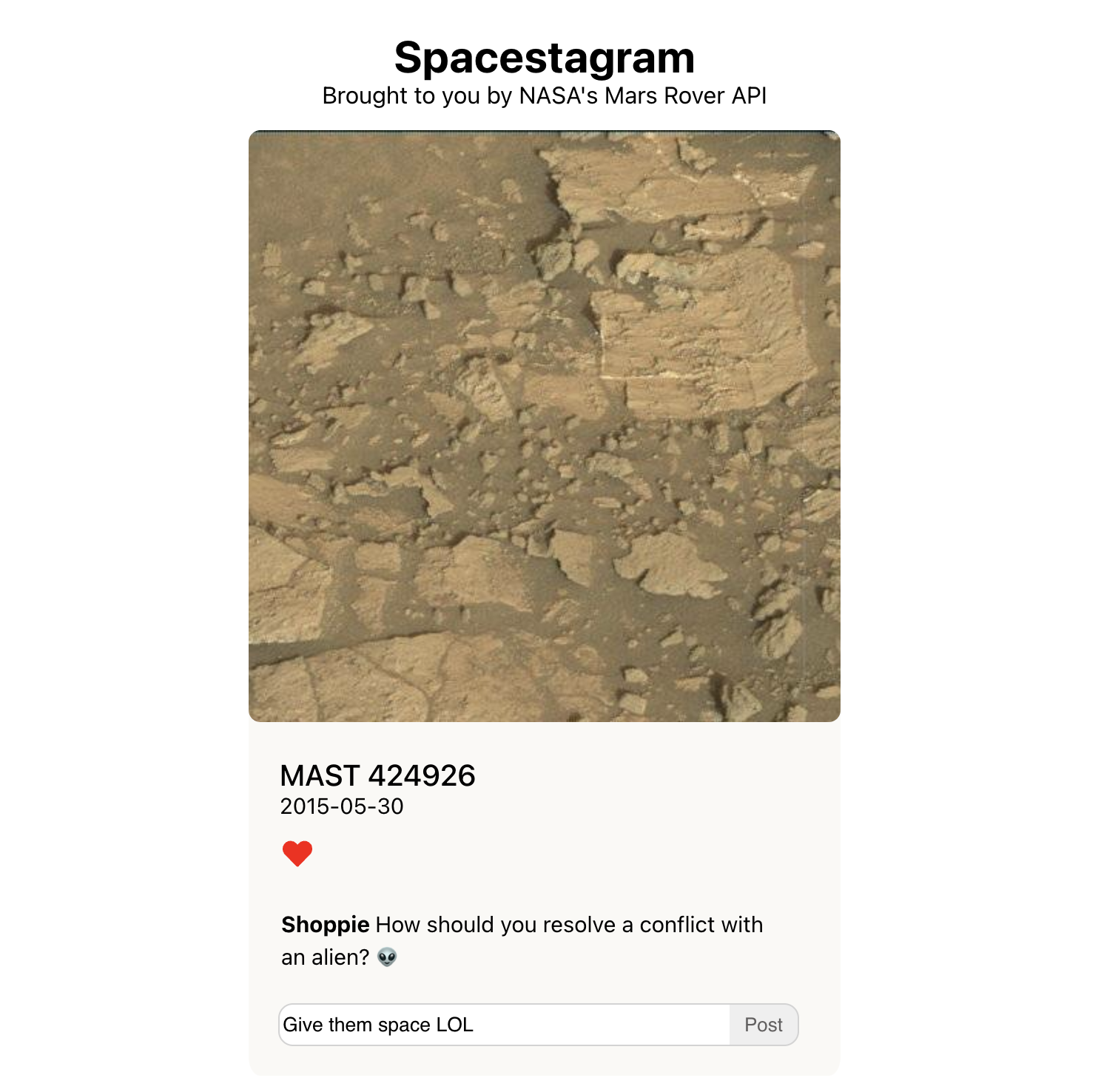 GitHub - snlaurax/Spacestagram: Used NASA's Mars Rover API to create a mock Instagram with ...