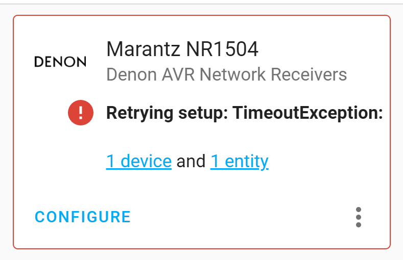 Denon AVR Network Receivers integration shows "Retrying setup: TimeoutException:" after upgrade ...