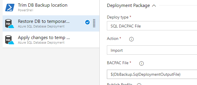 Azure SQL Database Deployment - Output variable of Export can't be used ...