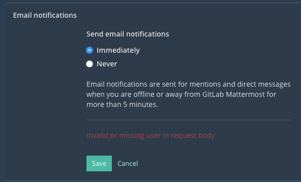 "Invalid or missing user in request body" error when saving ...
