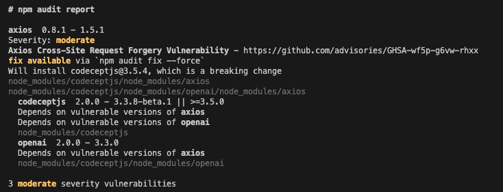 Security Vulnerabilities In Openai And Axios Dependencies Linked To Codeceptjs · Issue 4000