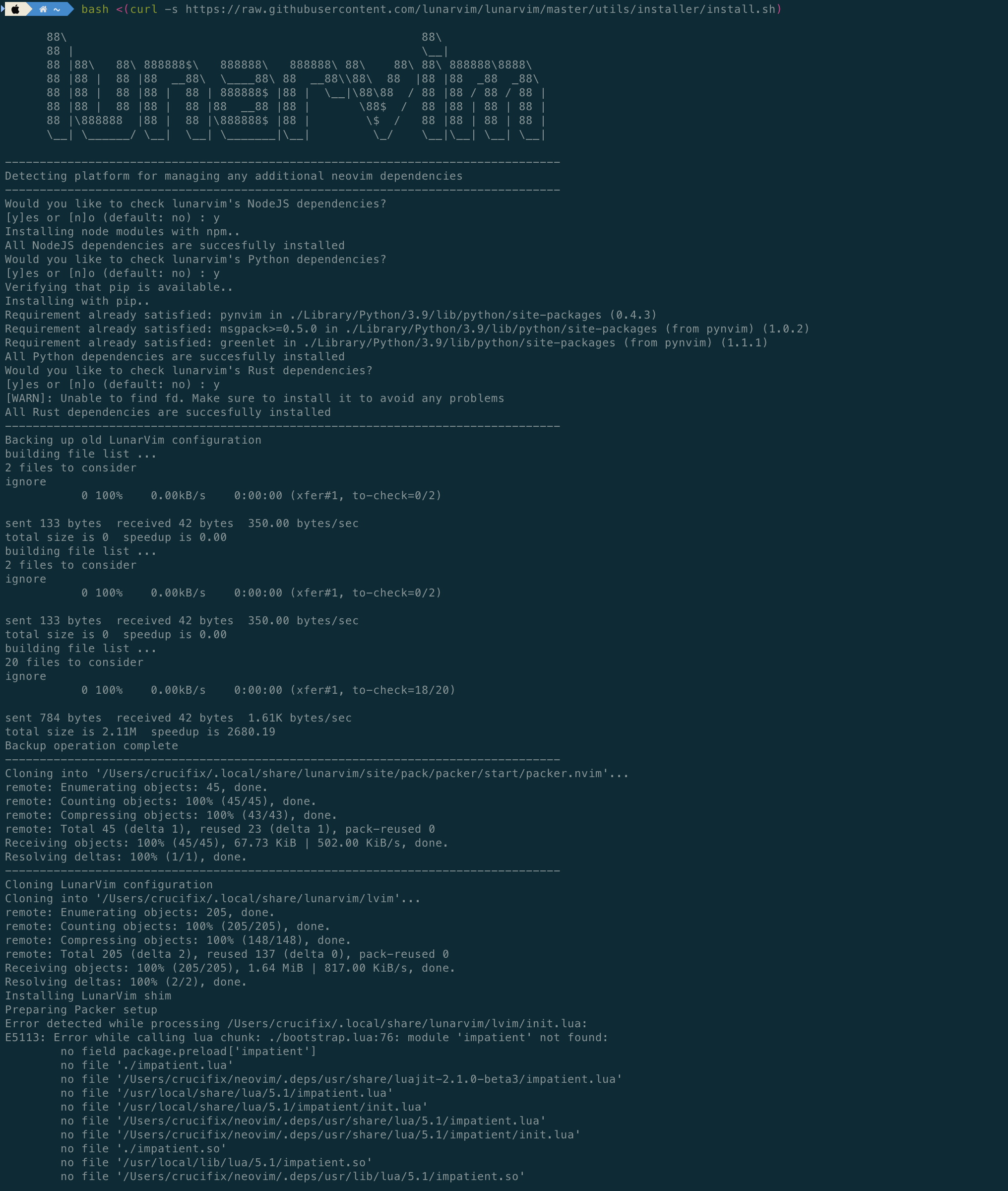 [bug] Bootstrap Lua Not Found · Issue 1590 · Lunarvim Lunarvim · Github