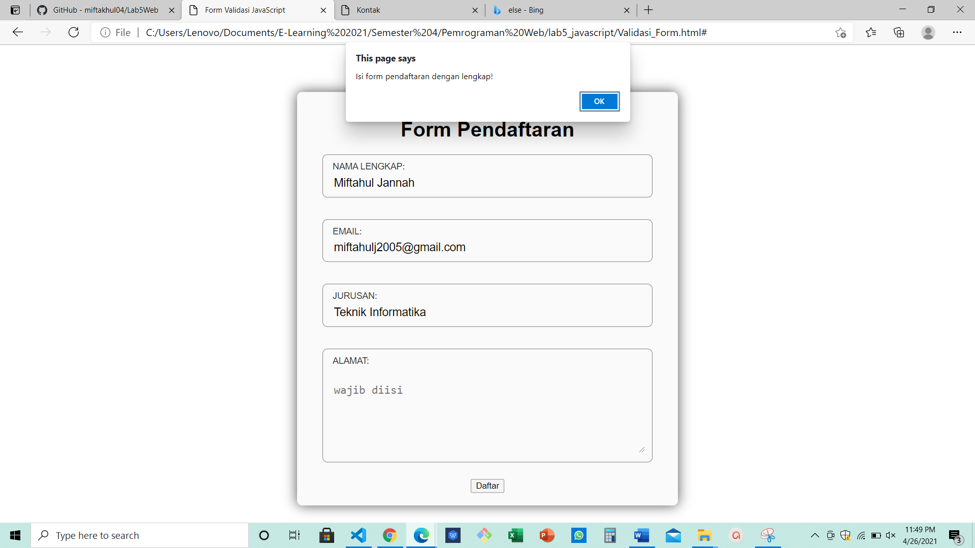 Github Miftahuljannah4lab5javascript 