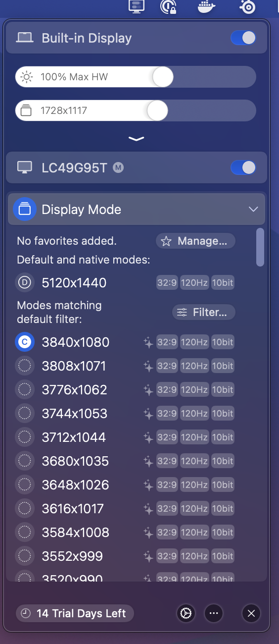 Macbook Pro M2 - Samsung G9 ( LC49G95T ) 5120x1440 - Trying to max out HiDPi for clearer text ...