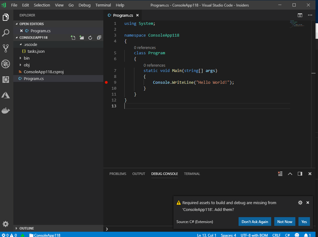 [Insiders] launch.json is no longer generated when .Net Core ...