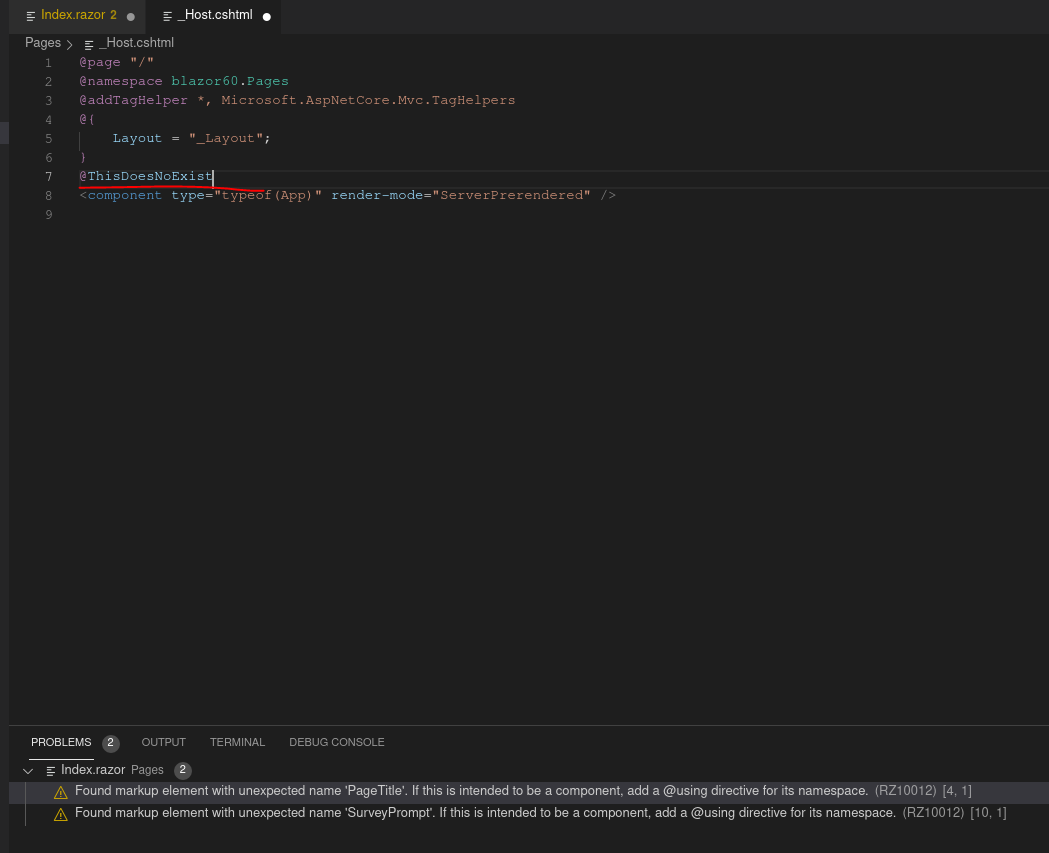VS Code: Open Views/Shared/_Layout.cshtml and type " @da ", error info is no appear in PROBLEMS ...