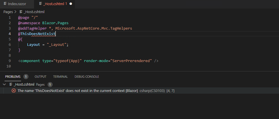 VS Code: Open Views/Shared/_Layout.cshtml and type " @da ", error info is no appear in PROBLEMS ...