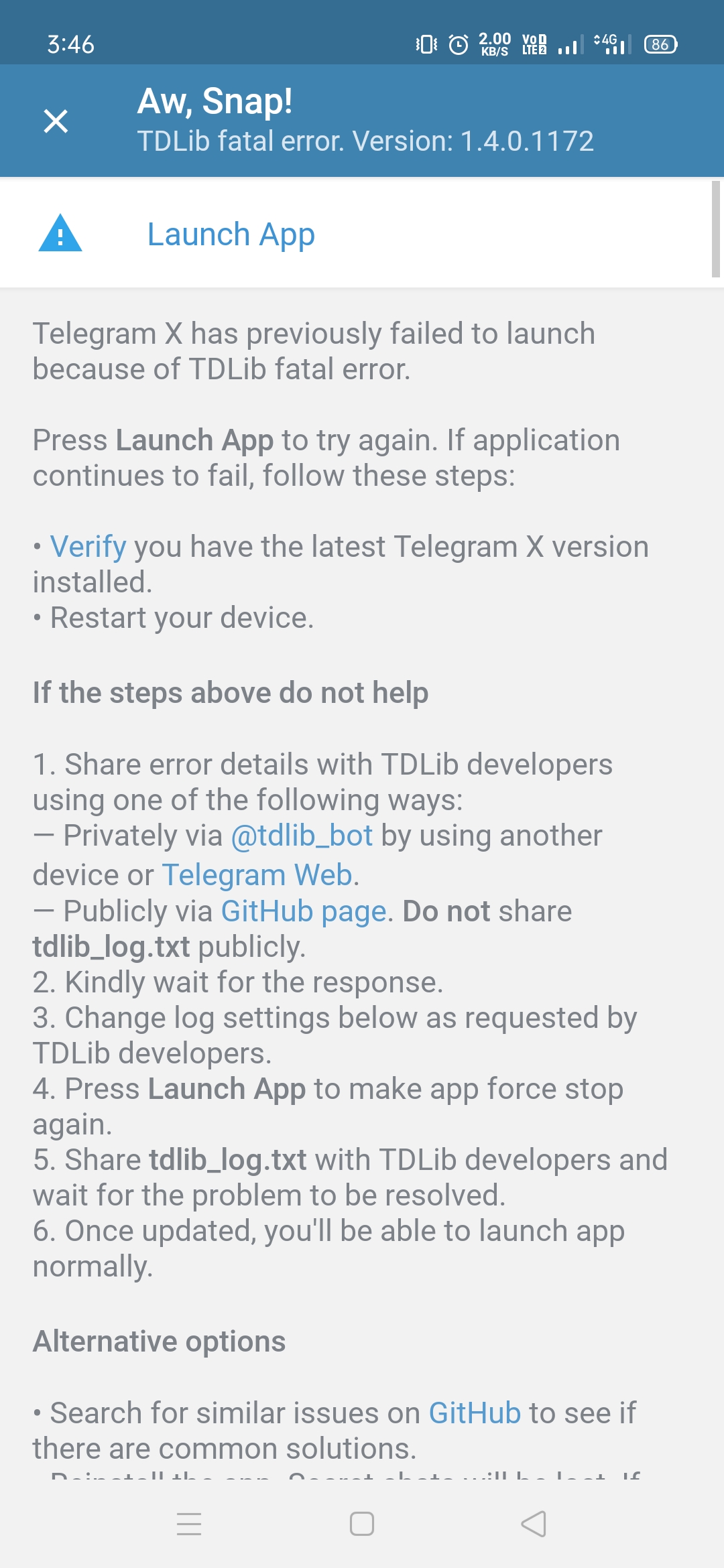 Telegram has failed to launch because of tdlib fatal error · Issue #1477 · tdlib/td · GitHub