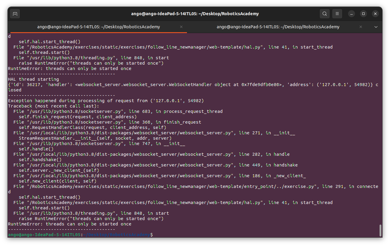 Recursive runtime thread error in new RAM · Issue #1906 · JdeRobot/RoboticsAcademy · GitHub