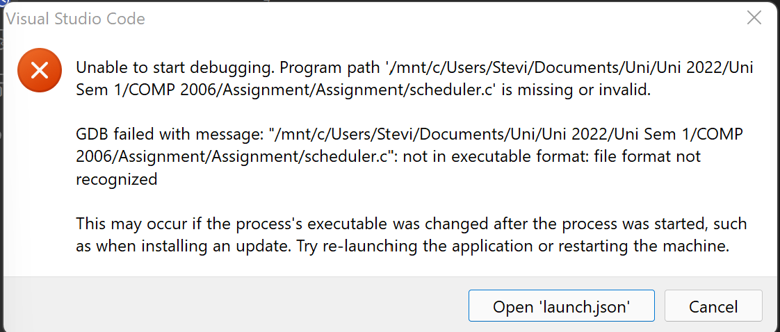 Unable To Start Debugging Program Path Missing Or Invalid GDB Failed Not In Executable Format 