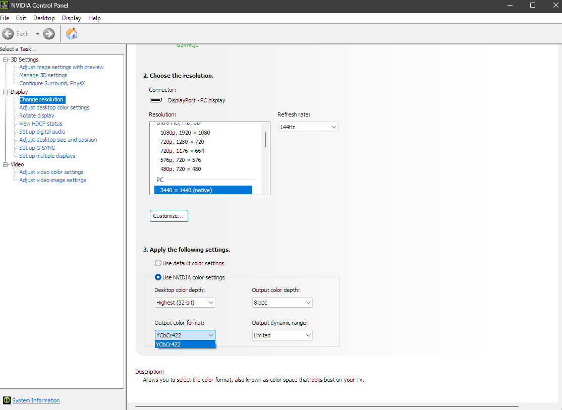 NVCP 'Change Resolution" Nvidia Color Settings switch from RGB 'Full' to YCbCr422 'Limited' when ...