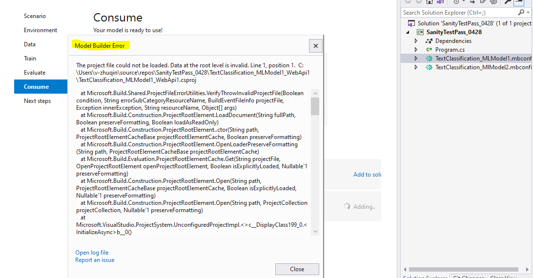 Model Builder Error The Project File Could Not Be Loaded When Want To Add Web Api Sample 9915