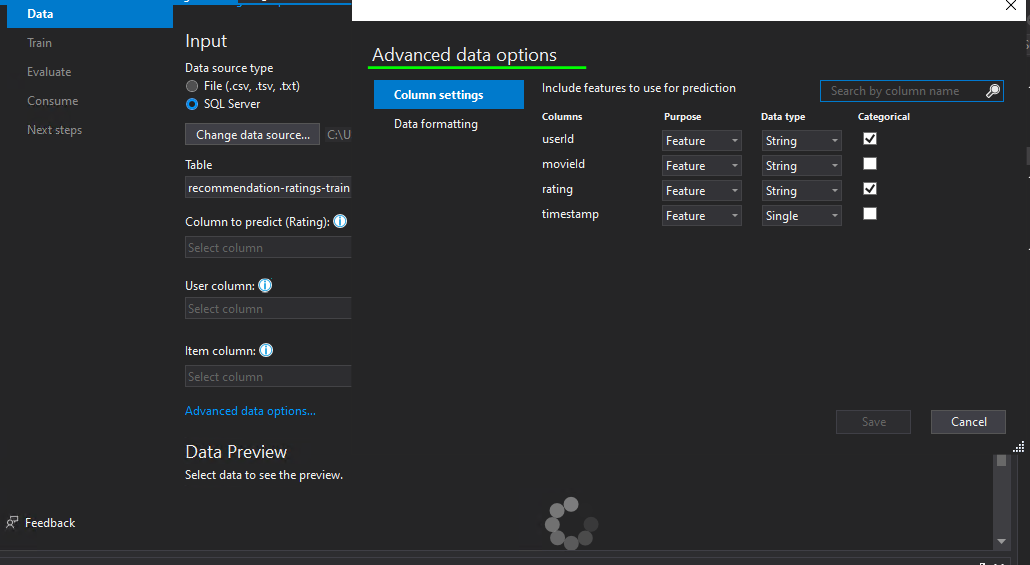 Cannot load SQL Data Preview and select Label/User/Item columns on Data ...