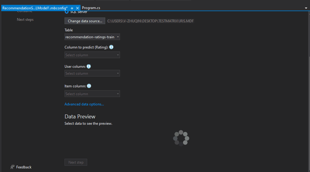 Cannot load SQL Data Preview and select Label/User/Item columns on Data ...