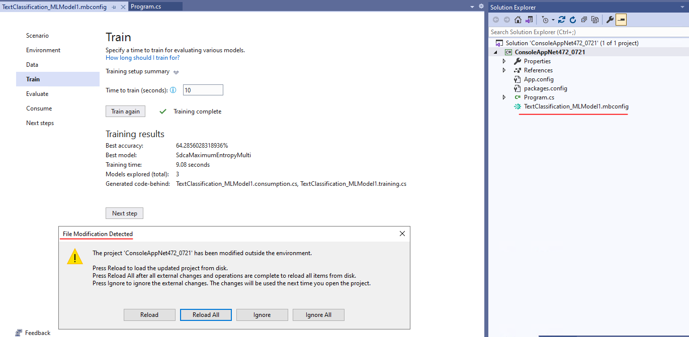 File Modification Detected dialog appears after training completed. · Issue #1625 · dotnet ...