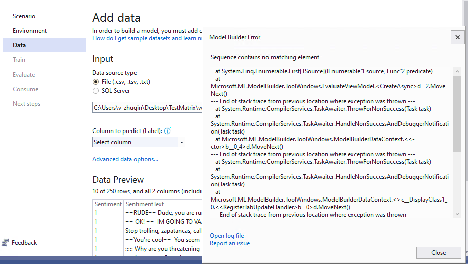 Model Builder Error: Sequence contains no matching element. · Issue #1692 · dotnet ...