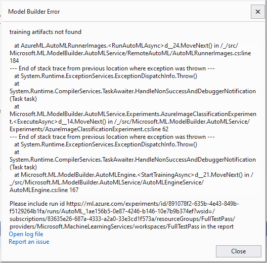 Model Builder Error: training artifacts not found. · Issue #1699 · dotnet/machinelearning ...