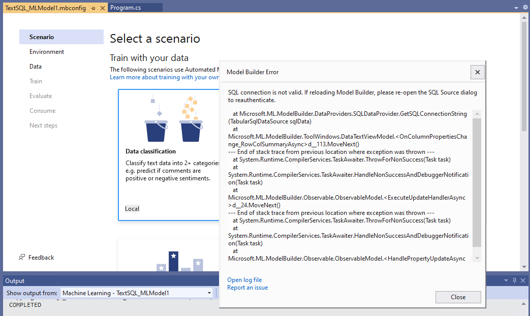 Model Builder Error: SQL connection is not valid. If reloading Model Builder, please re-open the ...