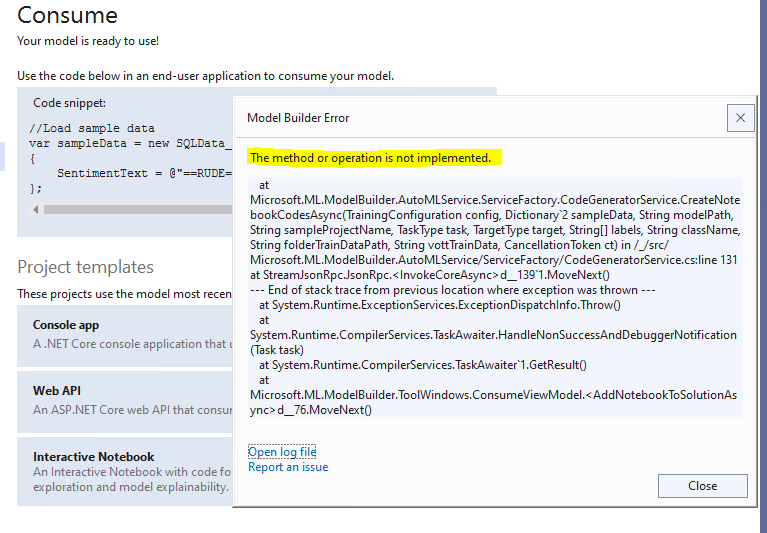 Model Builder Error: "The method or operation is not implemented." when adding Notebook for SQL ...