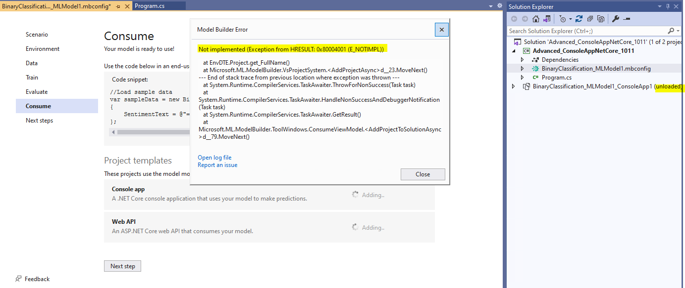 Model Builder Error: Not implemented (Exception from HRESULT: 0x80004001 (E_NOTIMPL)) when ...
