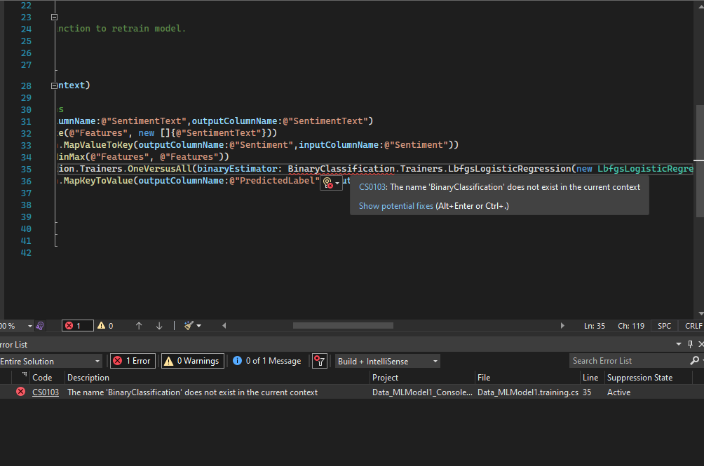 Error "The name 'BinaryClassification' does not exist in the current ...