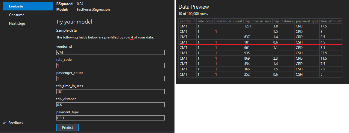 The pre-filled fields on Evaluate page are from the first row without ...