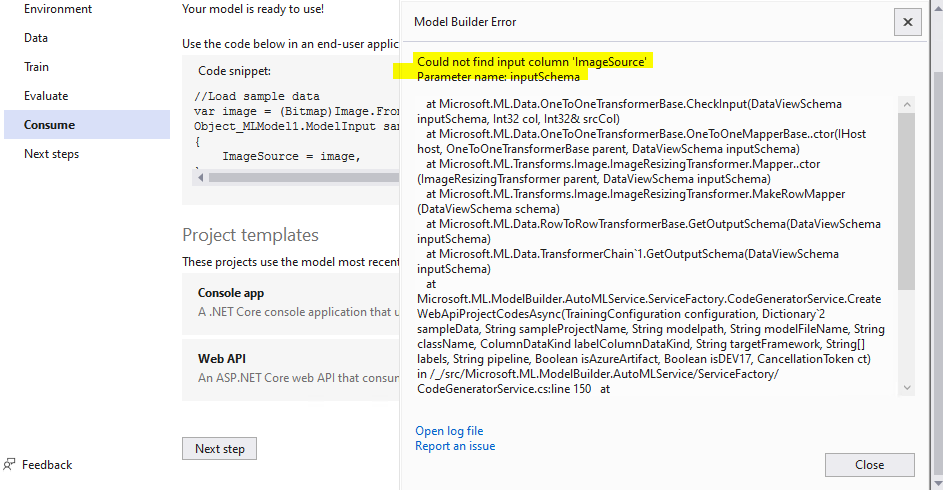 Model Builder Error "Could not find input column 'ImageSource' Parameter name: inputSchema" when ...