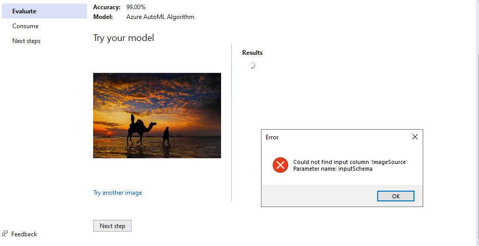 Model Builder Error "Could not find input column 'ImageSource' Parameter name: inputSchema" when ...