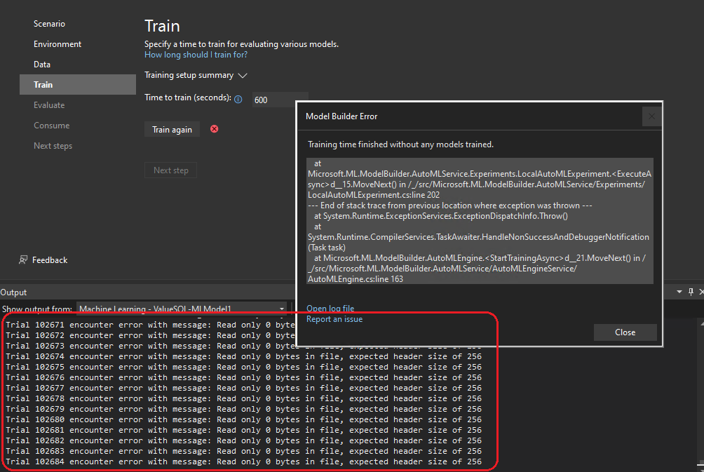 Training; Read only 0 bytes in file, expected header size of 256 ...