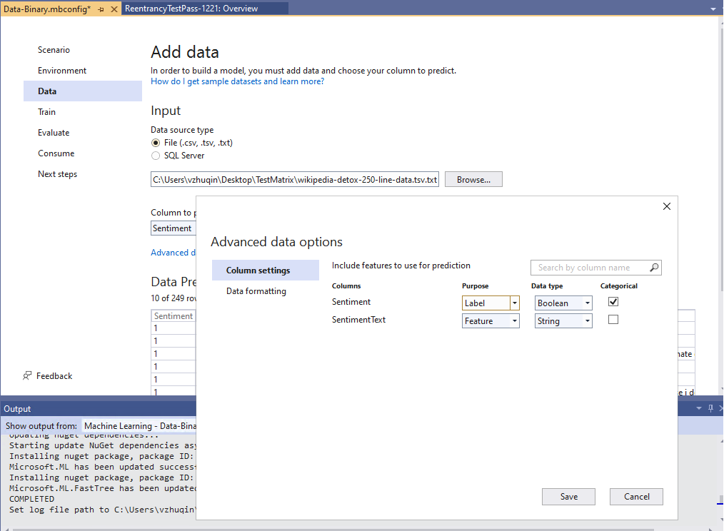 Model Builder Error: Column 'Probability' not found Parameter name: name when predicting model ...