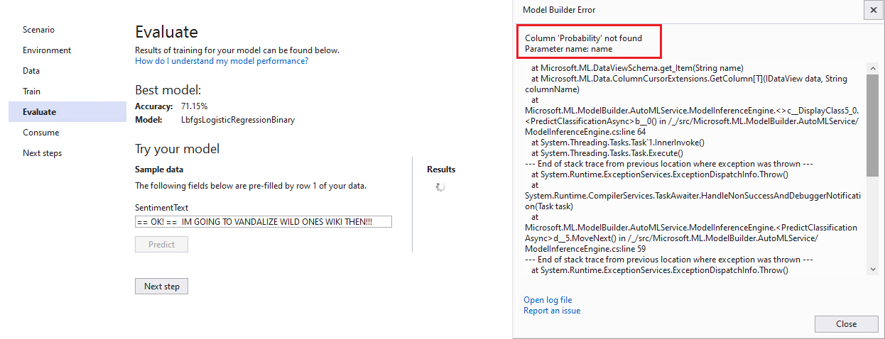 Model Builder Error: Column 'Probability' not found Parameter name: name when predicting model ...