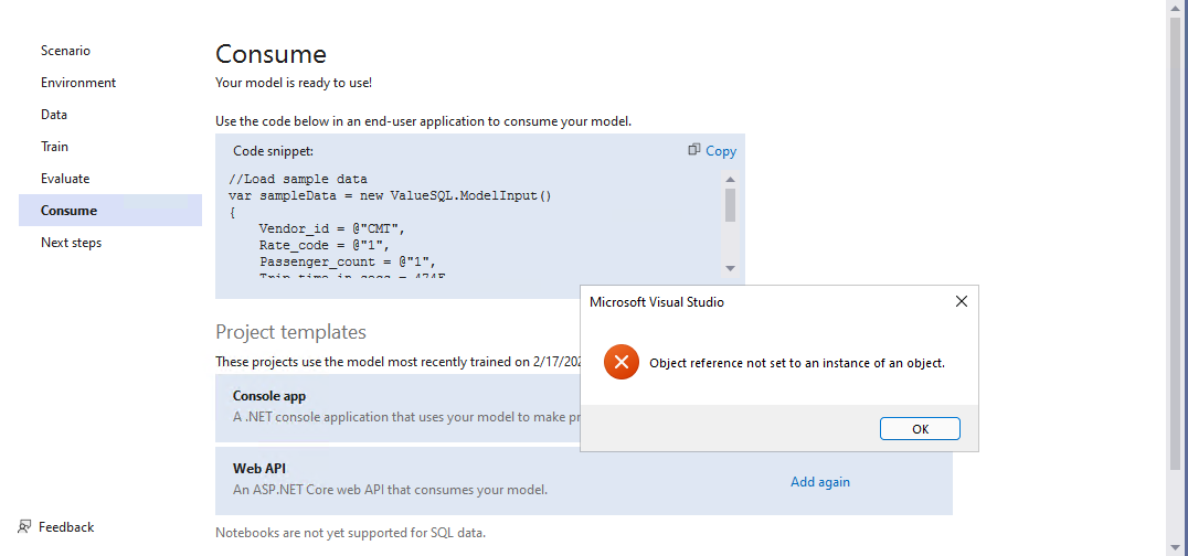 Run the generated WebApi project error. · Issue #2038 · dotnet/machinelearning-modelbuilder · GitHub