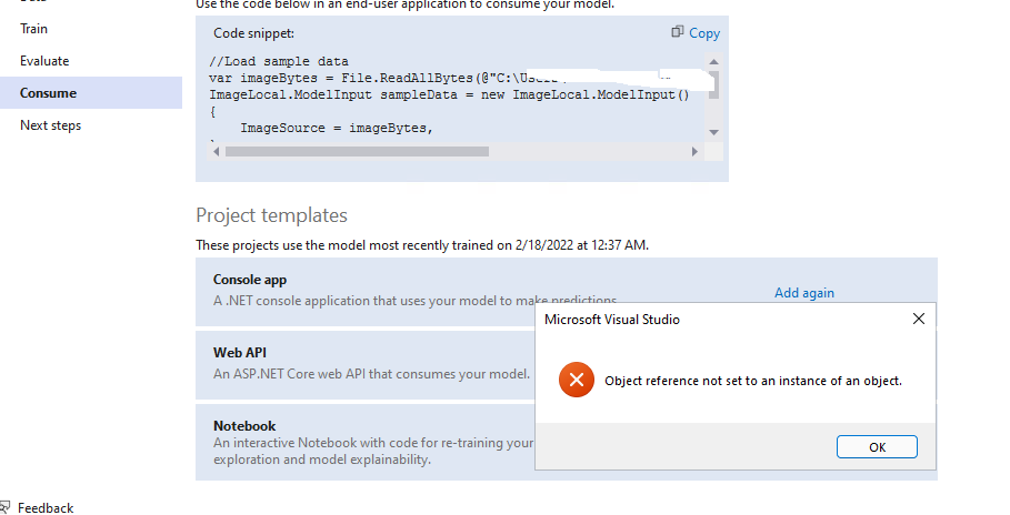 Run the generated WebApi project error. · Issue #2038 · dotnet/machinelearning-modelbuilder · GitHub