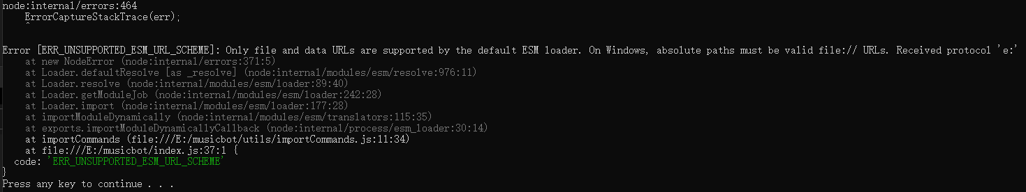 Bug: ERR_UNSUPPORTED_ESM_URL_SCHEME · Issue #1143 · eritislami/evobot · GitHub