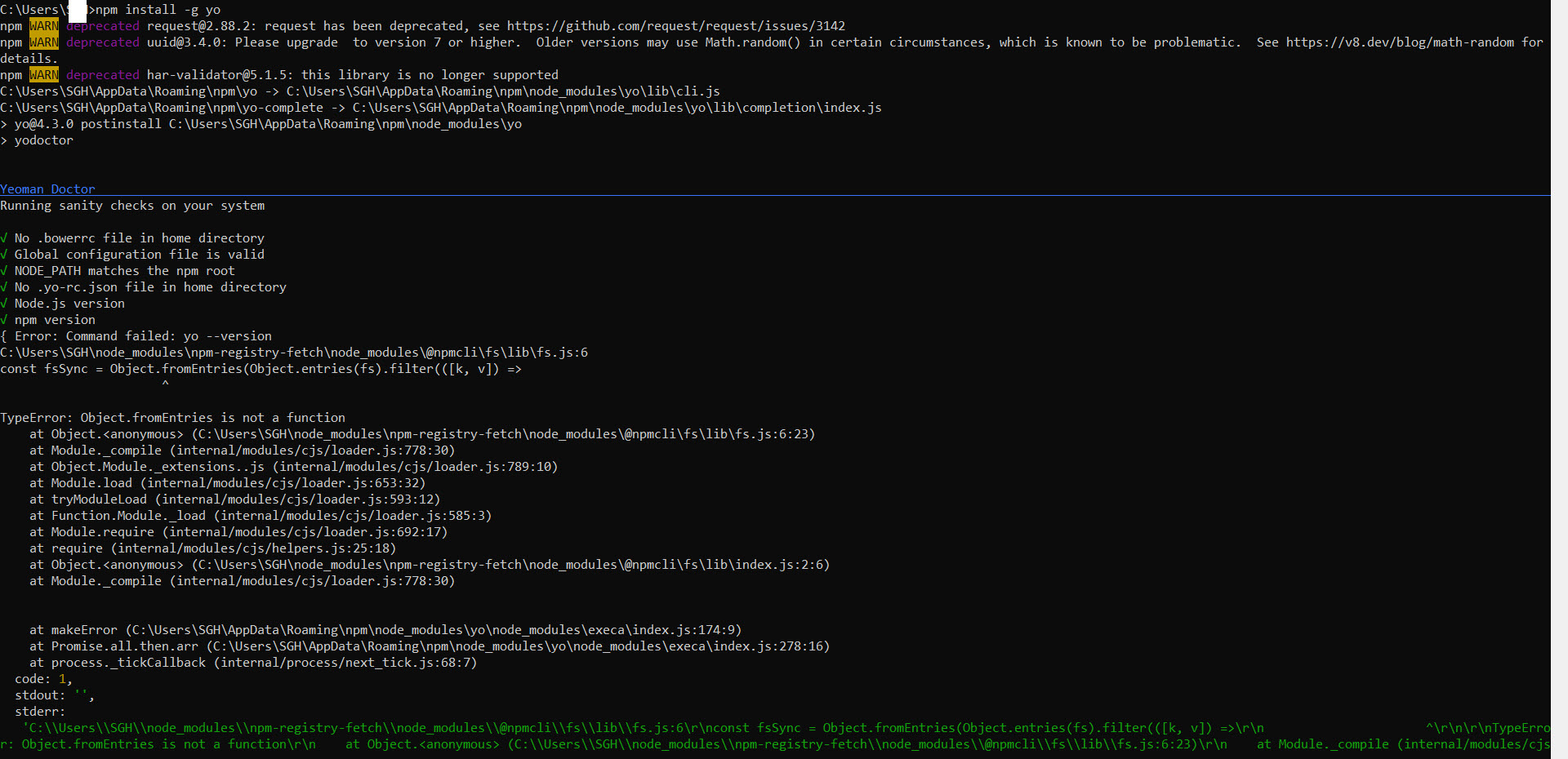 Cannot Install Yeoman: TypeError: Object.fromEntries is not a function · Issue #7939 ...