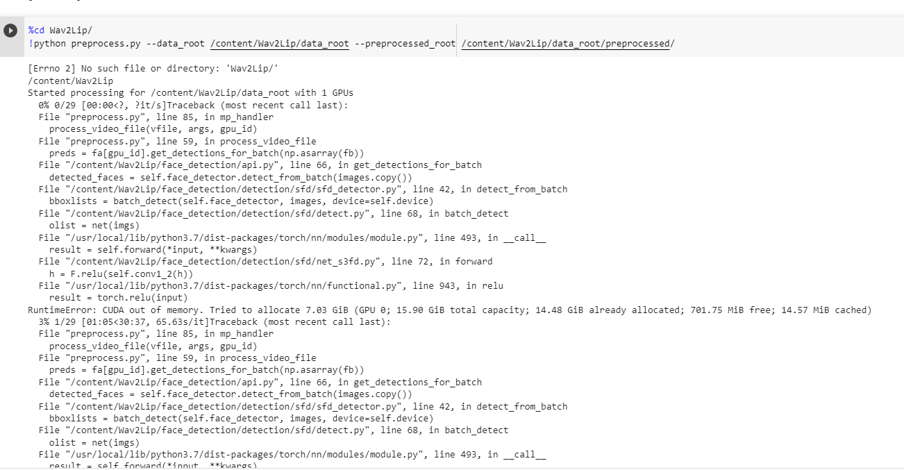 While Processing, I am getting:- RuntimeError: CUDA out of memory. Tried to allocate 7.03 GiB ...